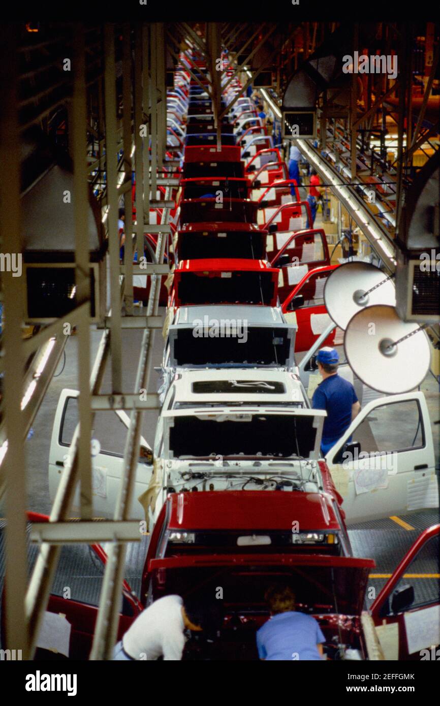 Overhead view of Nissan trucks near end of assembly line, Smyrna ...