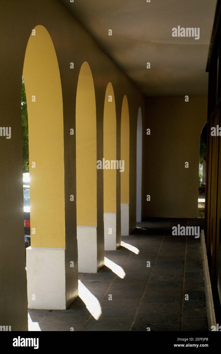 A balcony with arches illuminated by lights, San Juan, Puerto Rico ...
