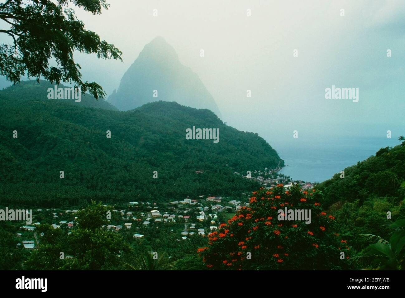 The Grand Piton on the island of St. Lucia is shrouded in mist Stock ...