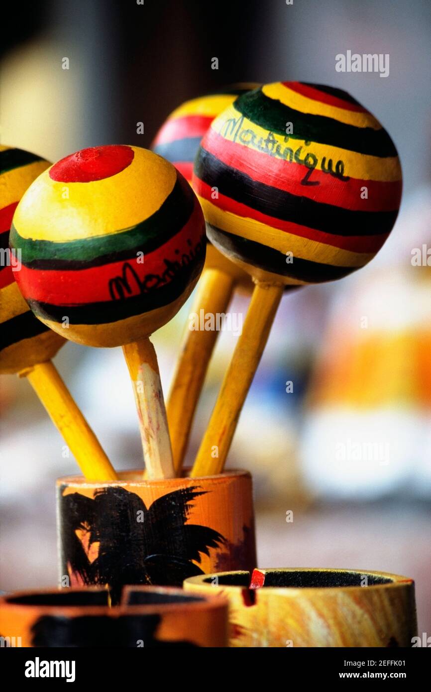 Colorful rattles are seen placed in a holder, Fort-de-France Stock ...