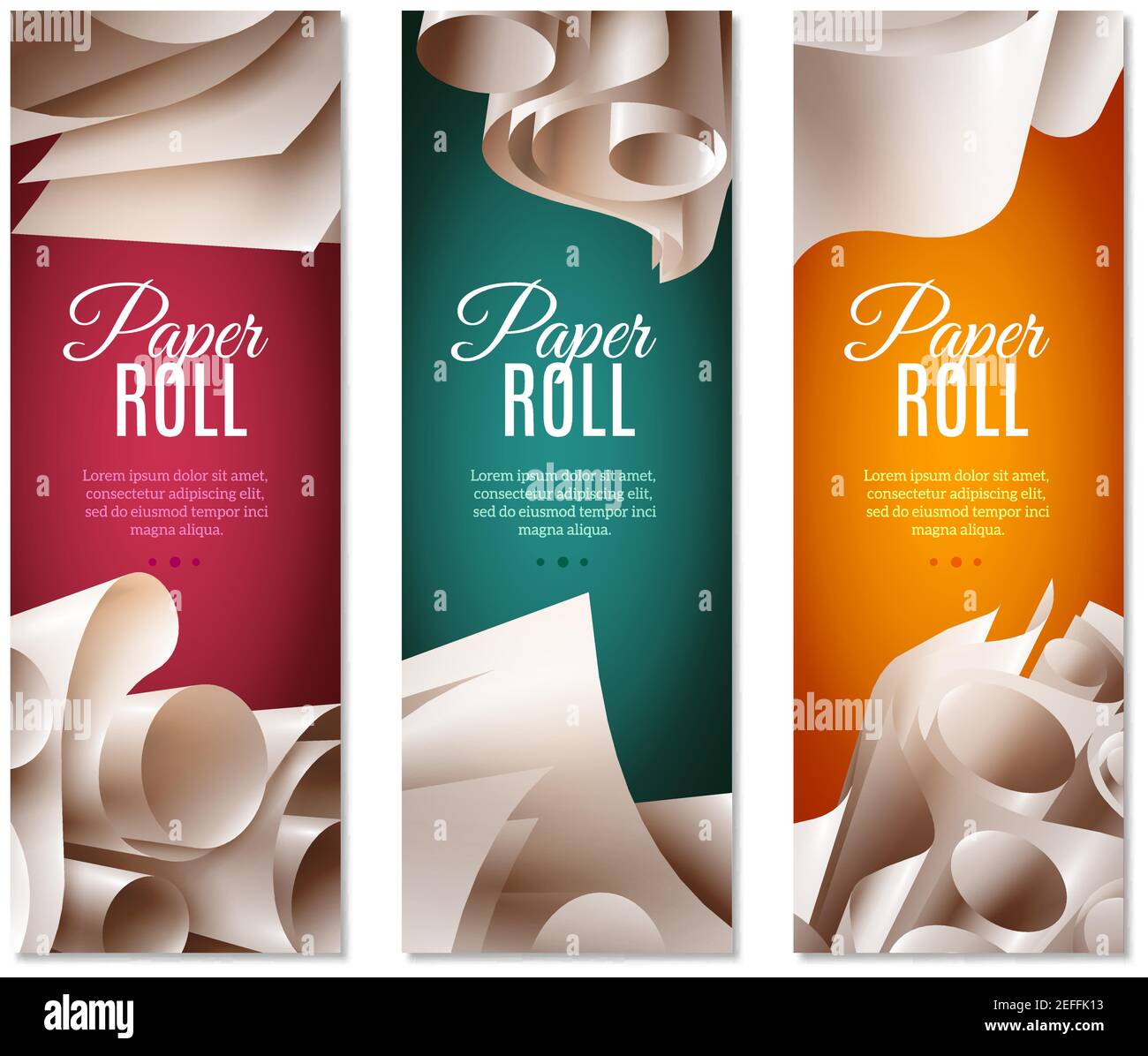 Realistic set of three colorful vertical banners with 3d blank paper ...