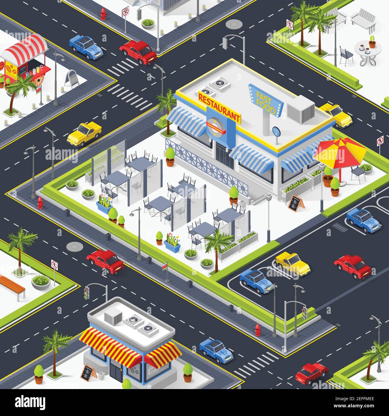 Fragment of city landscape with street restaurant set of fast food ...