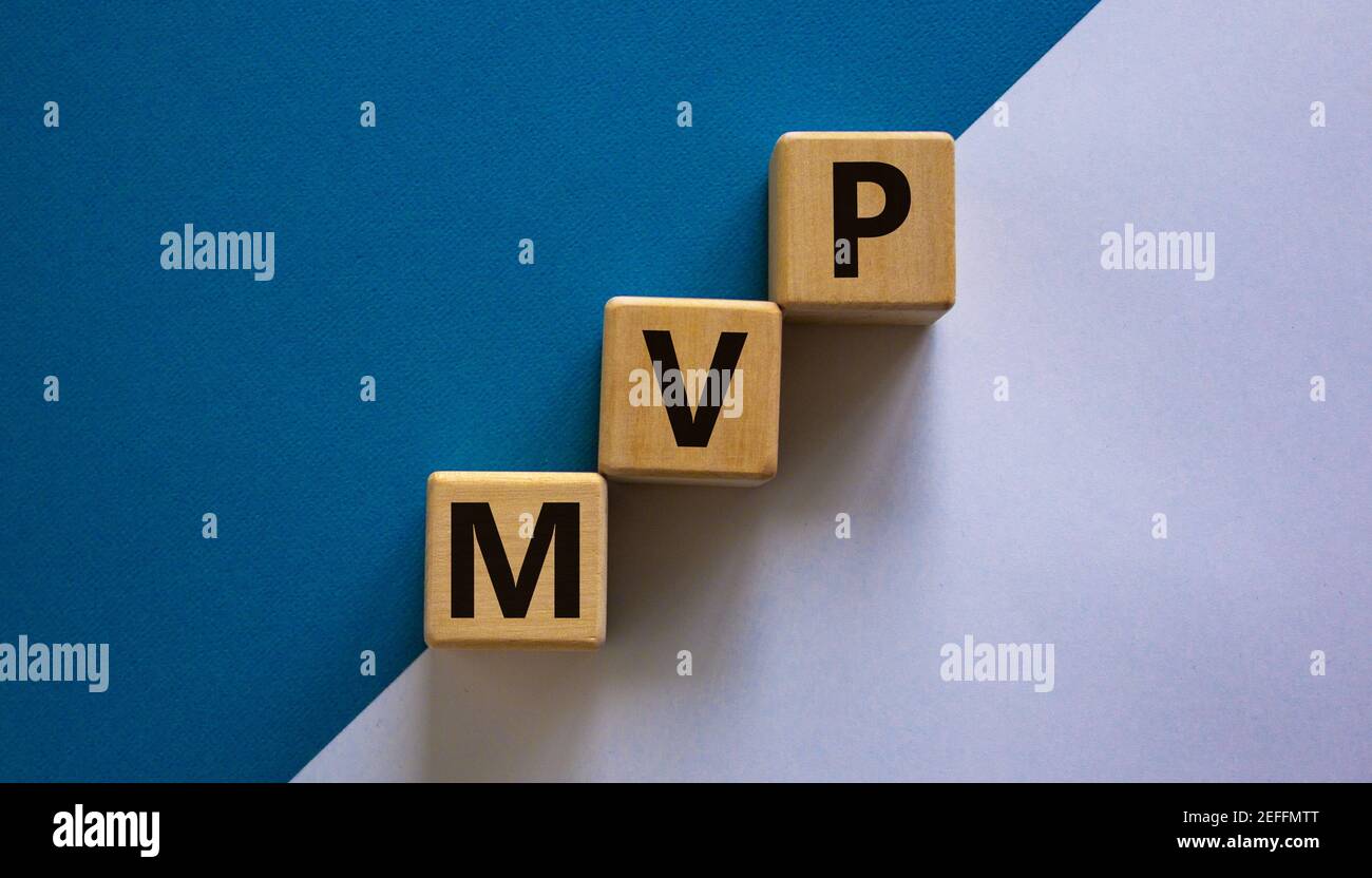 MVP, minimum viable product symbol. Wooden cubes with the word MVP ...