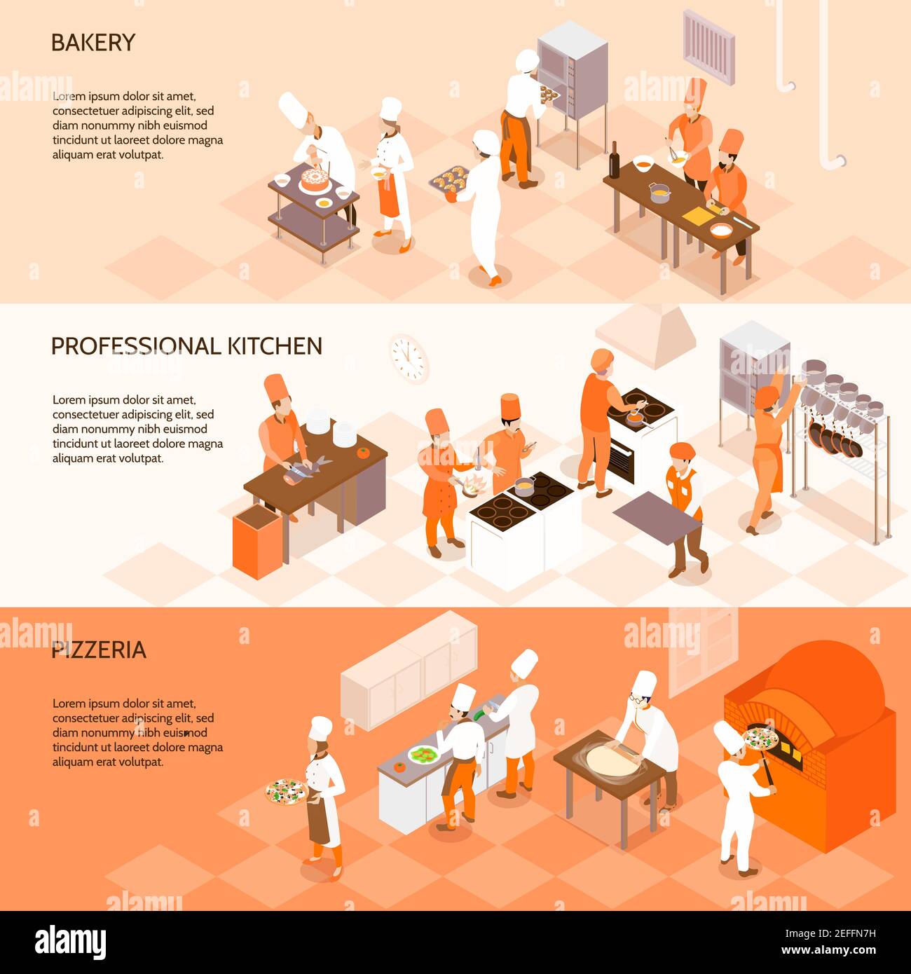 Horizontal isometric banners with staff of bakery, chefs in ...
