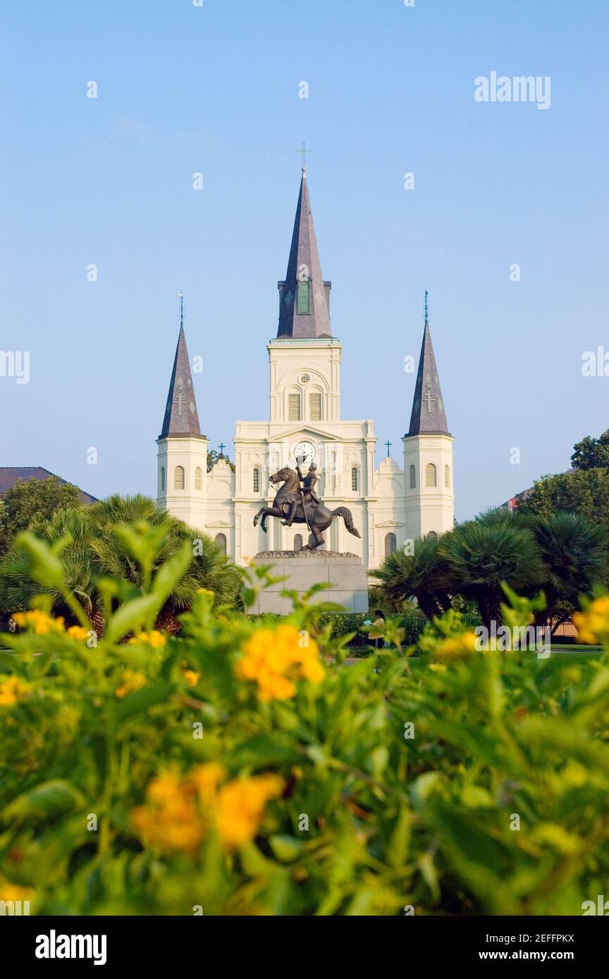 Statue in front of a cathedral, St. Louis Cathedral, Jackson Square ...