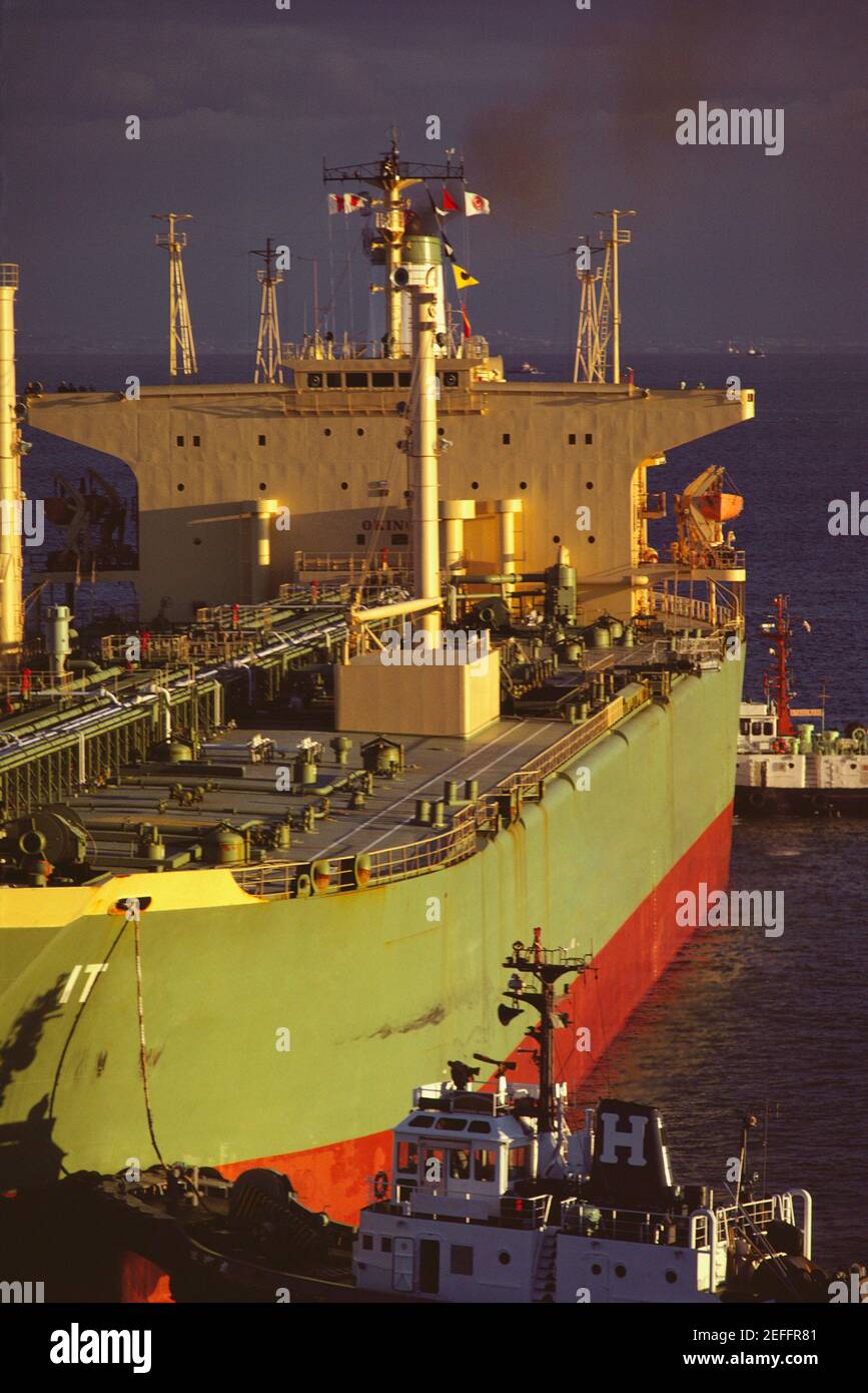 High angle view of a supertanker at a harbor, Kobe, Japan Stock Photo ...