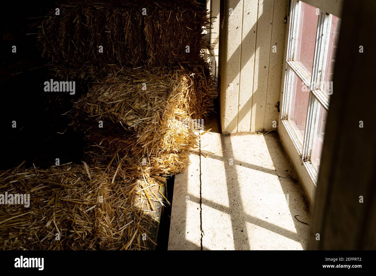 Light is shining through a window on to the hay in barn Stock Photo - Alamy