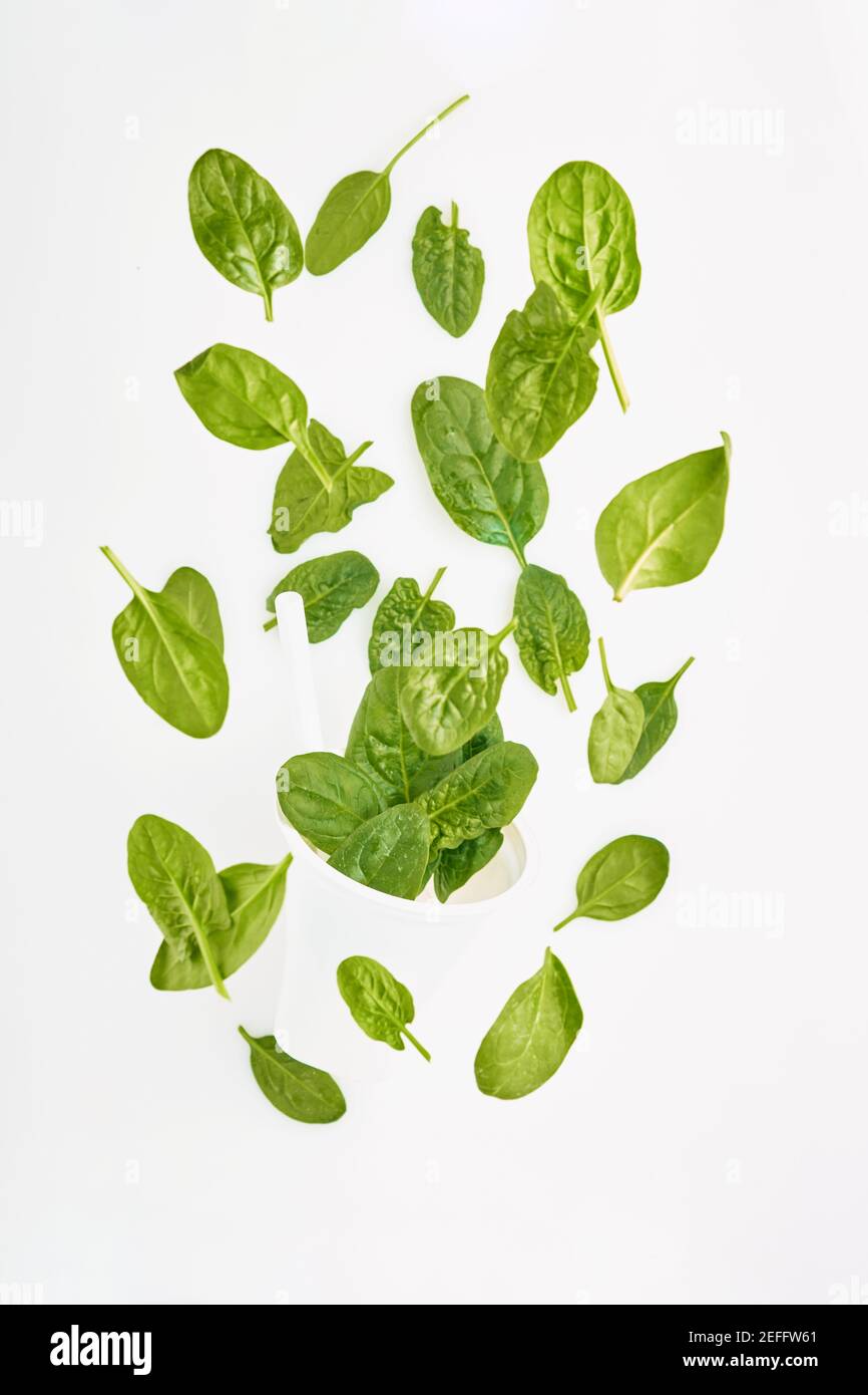 Green spinach leaves flying on white, fresh salad in motion, vegetables ...