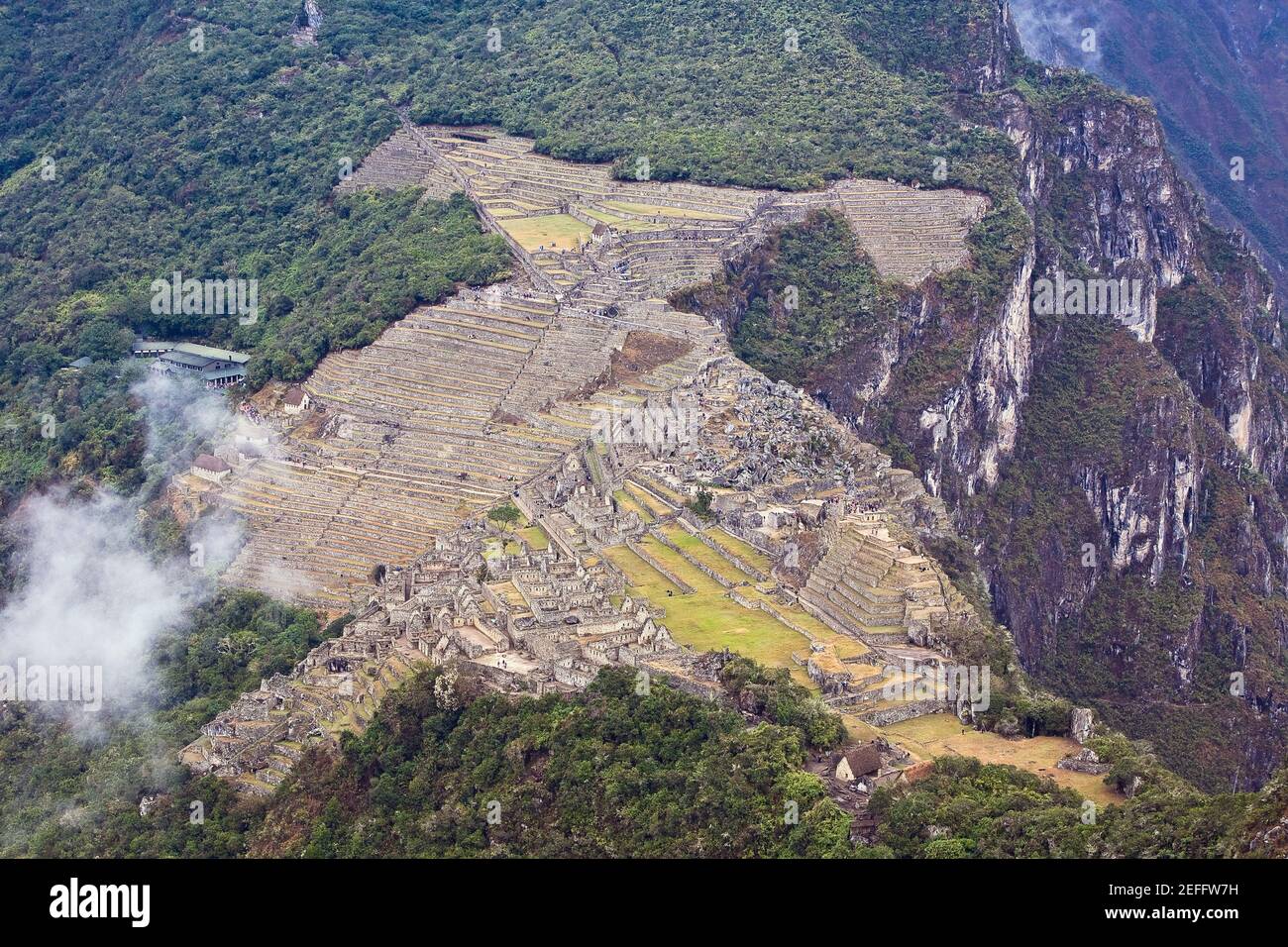 High angle view of ruins on mountains, Mt Huayna Picchu, Machu Picchu ...