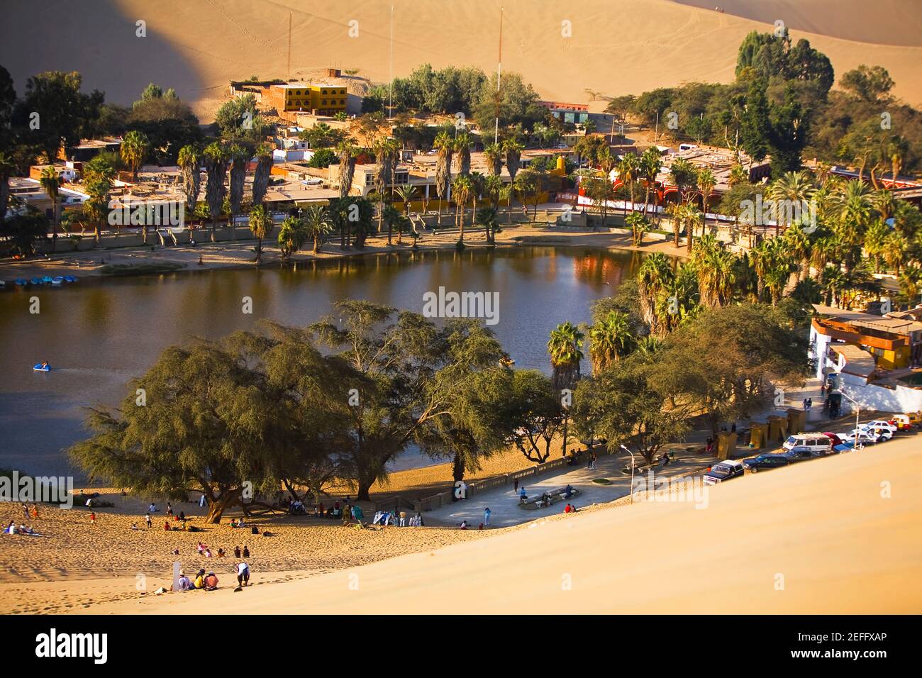 High angle view of a lake surrounded by trees, Huacachina Oasis ...