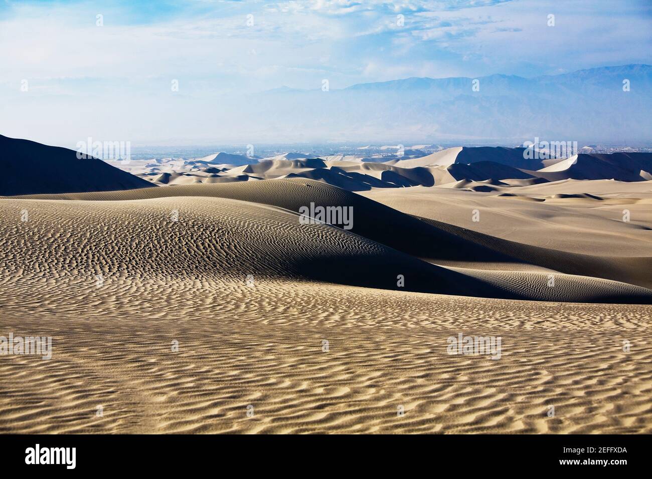 Sand dunes on a landscape, Huacachina, Ica, Ica Region, Peru Stock ...