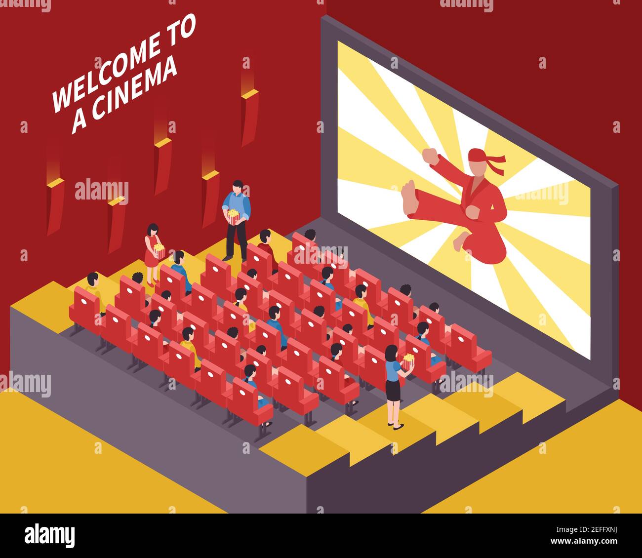 Isometric cinema movie theater indoor composition with cinema hall and ...