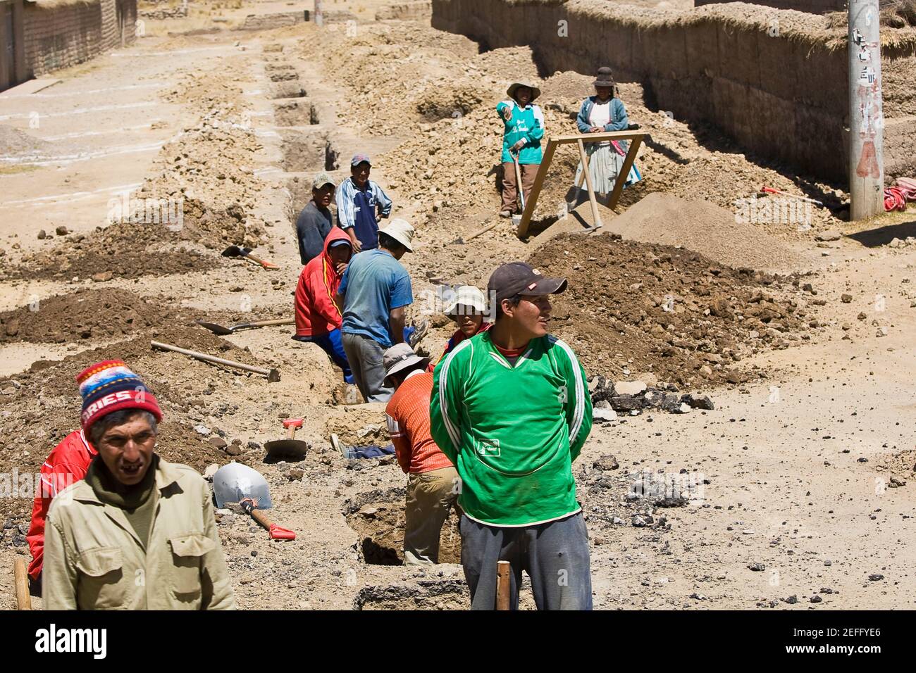 High angle view of a group of people digging a road, Puno, Cuzco, Peru ...