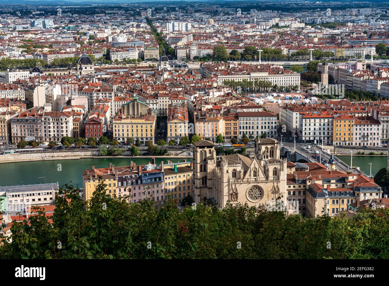 Lyon cityscape from Saone river with colorful houses and river, France ...