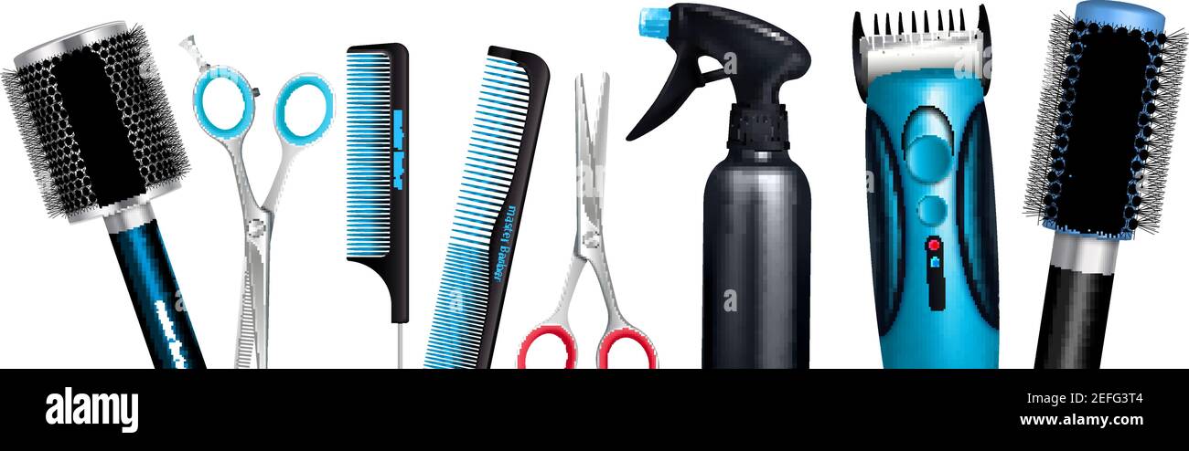 Hairdresser tools on white background including brushes and combs ...