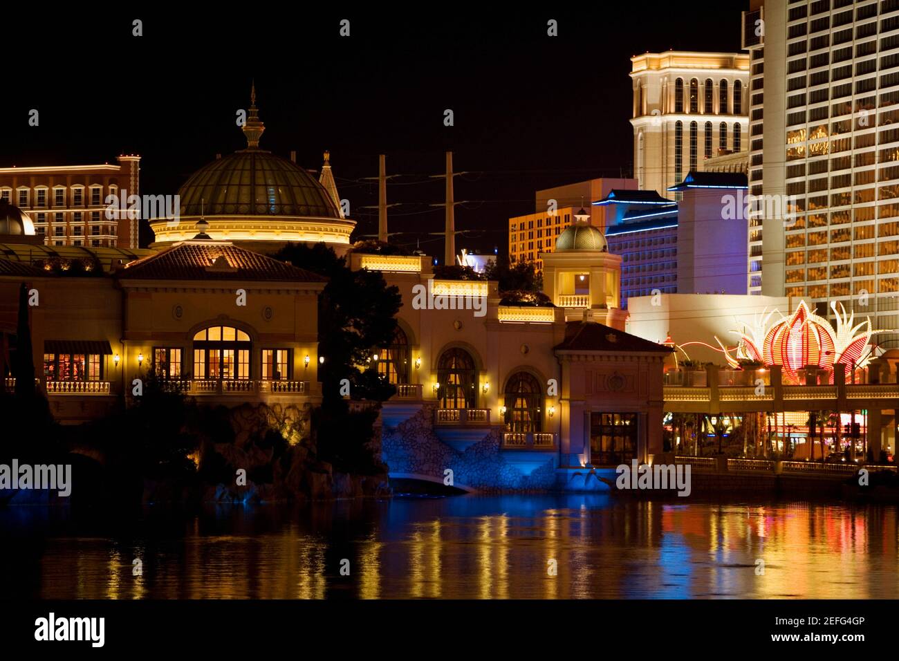 Buildings at the waterfront lit up at night, Las Vegas, Nevada, USA ...