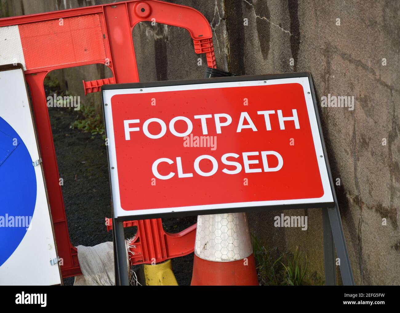 UK Road Signs as found on streets of North Devon, Footpath Closed Stock ...