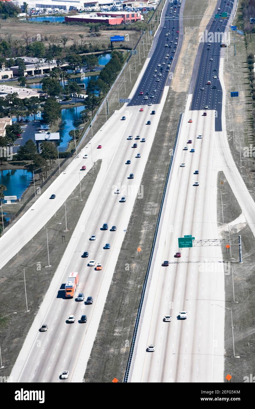 Aerial view of vehicles moving on multiple lane highways, Interstate 4 ...