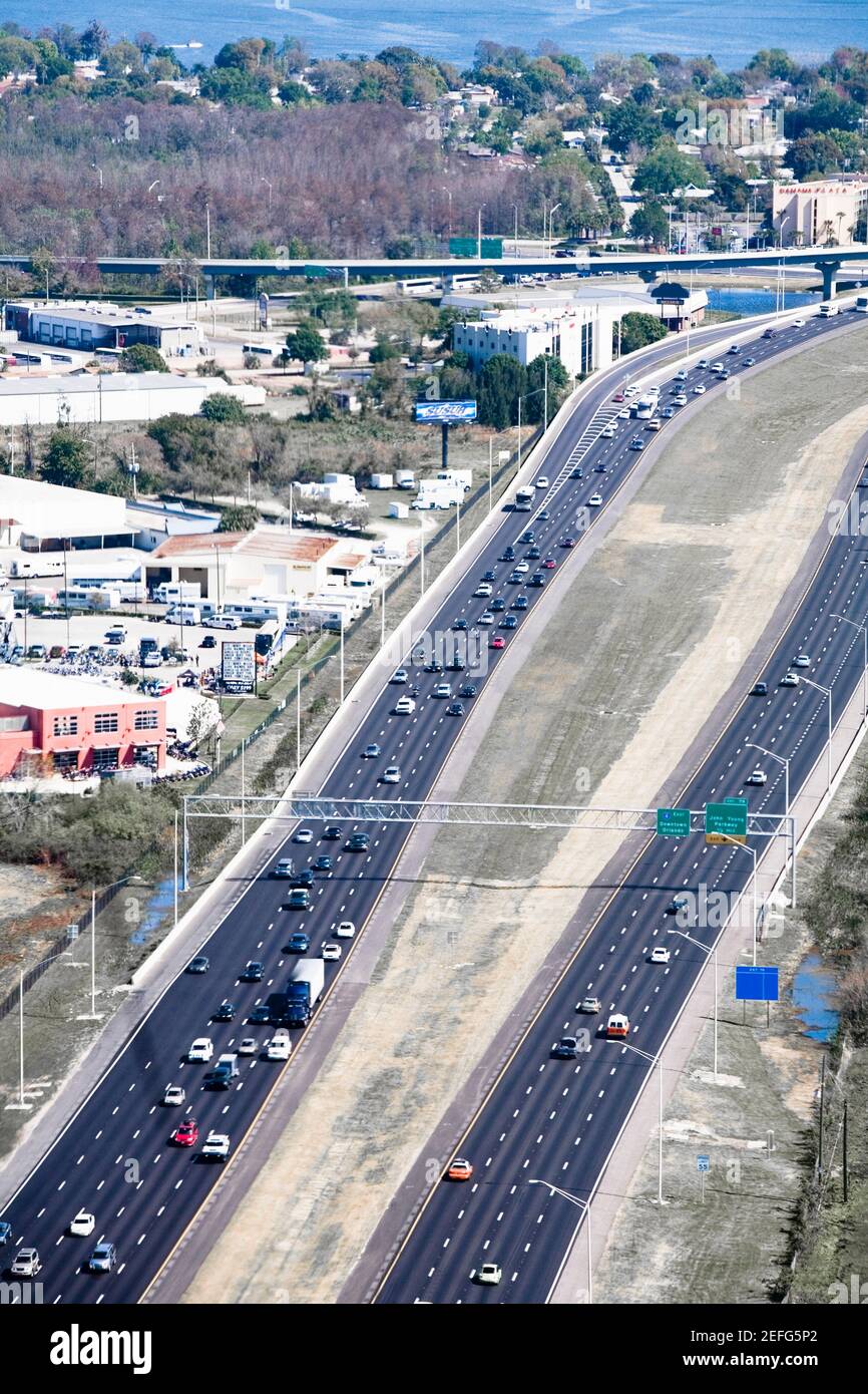 Aerial view of vehicles moving on multiple lane highways, Interstate 4 ...