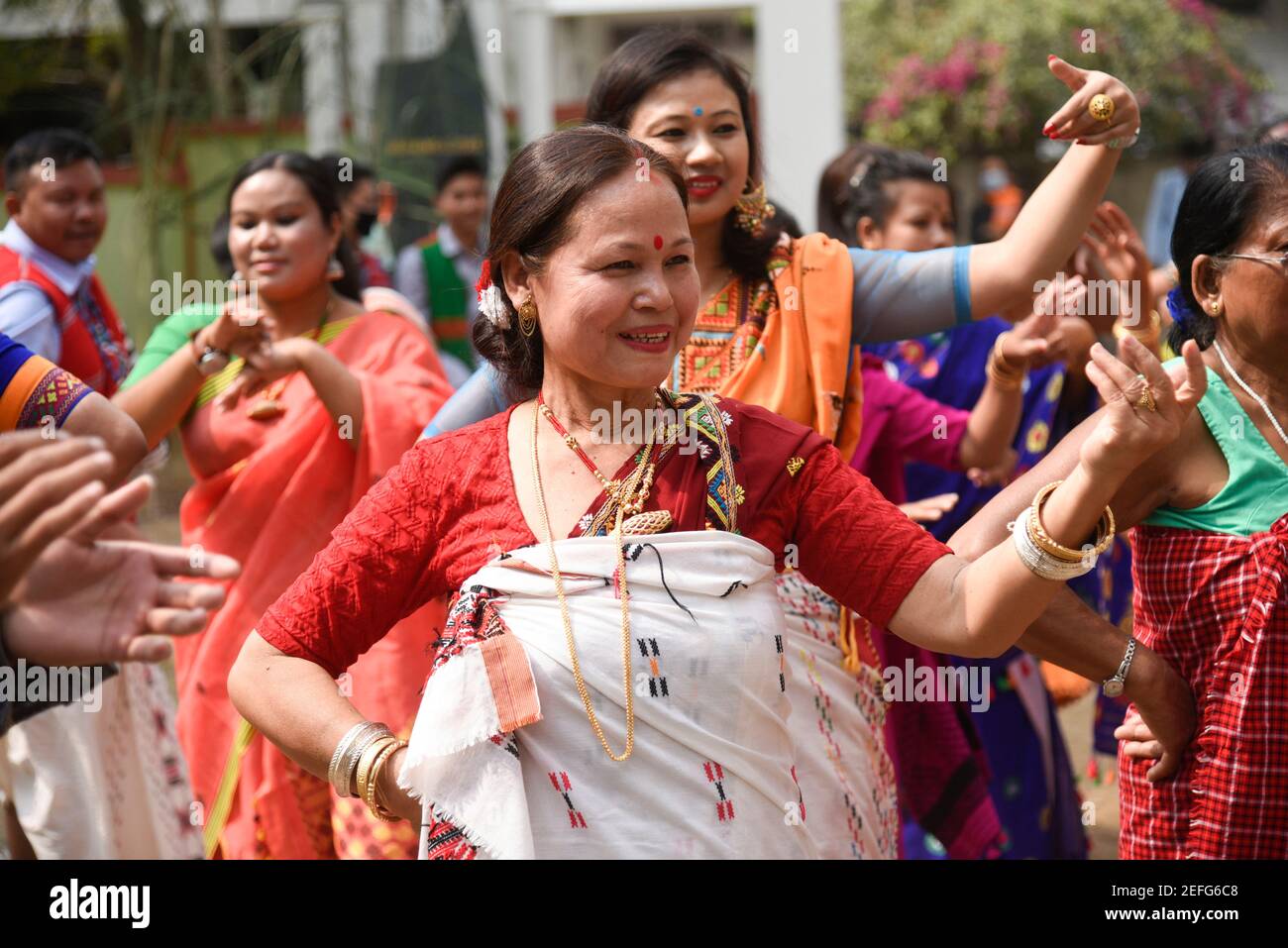 Mising tribal people performing traditional dance during Ali-Aye-Ligang ...
