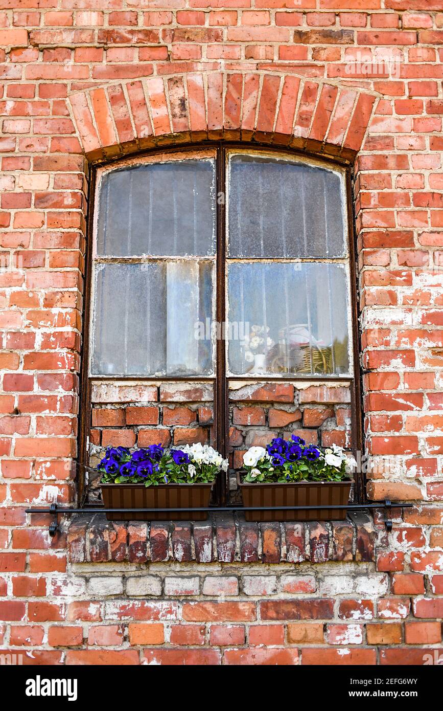 An old window in a brick tenement house, broken glass, an abandoned ...