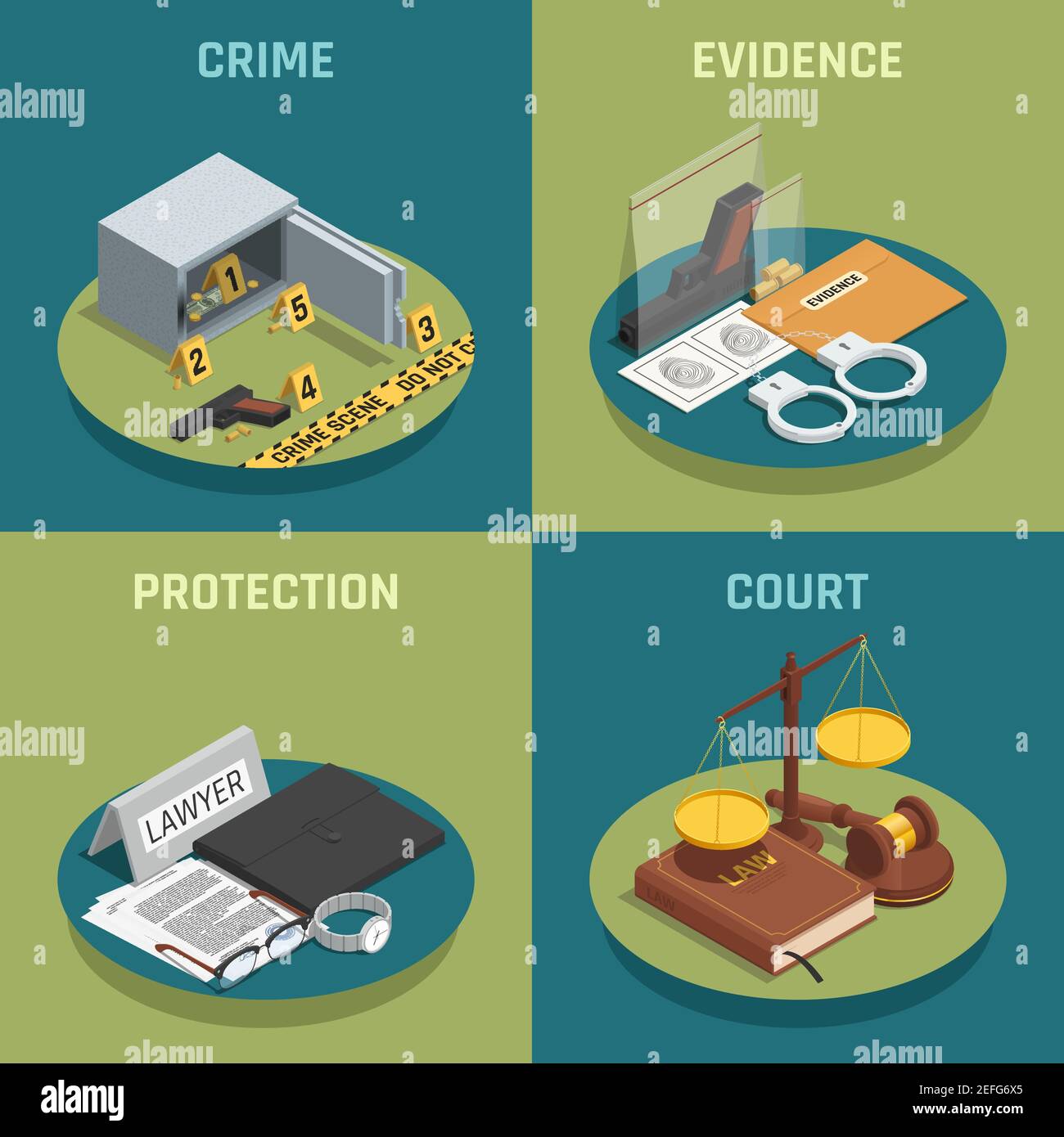 Law justice 4 isometric icons concept square composition with crime ...