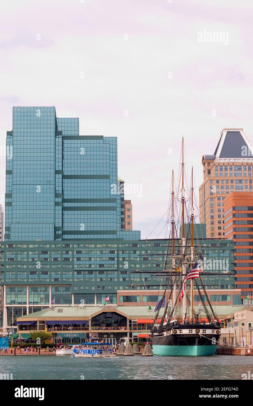 Tall ship moored at a harbor, USS Constellation, Inner Harbor ...