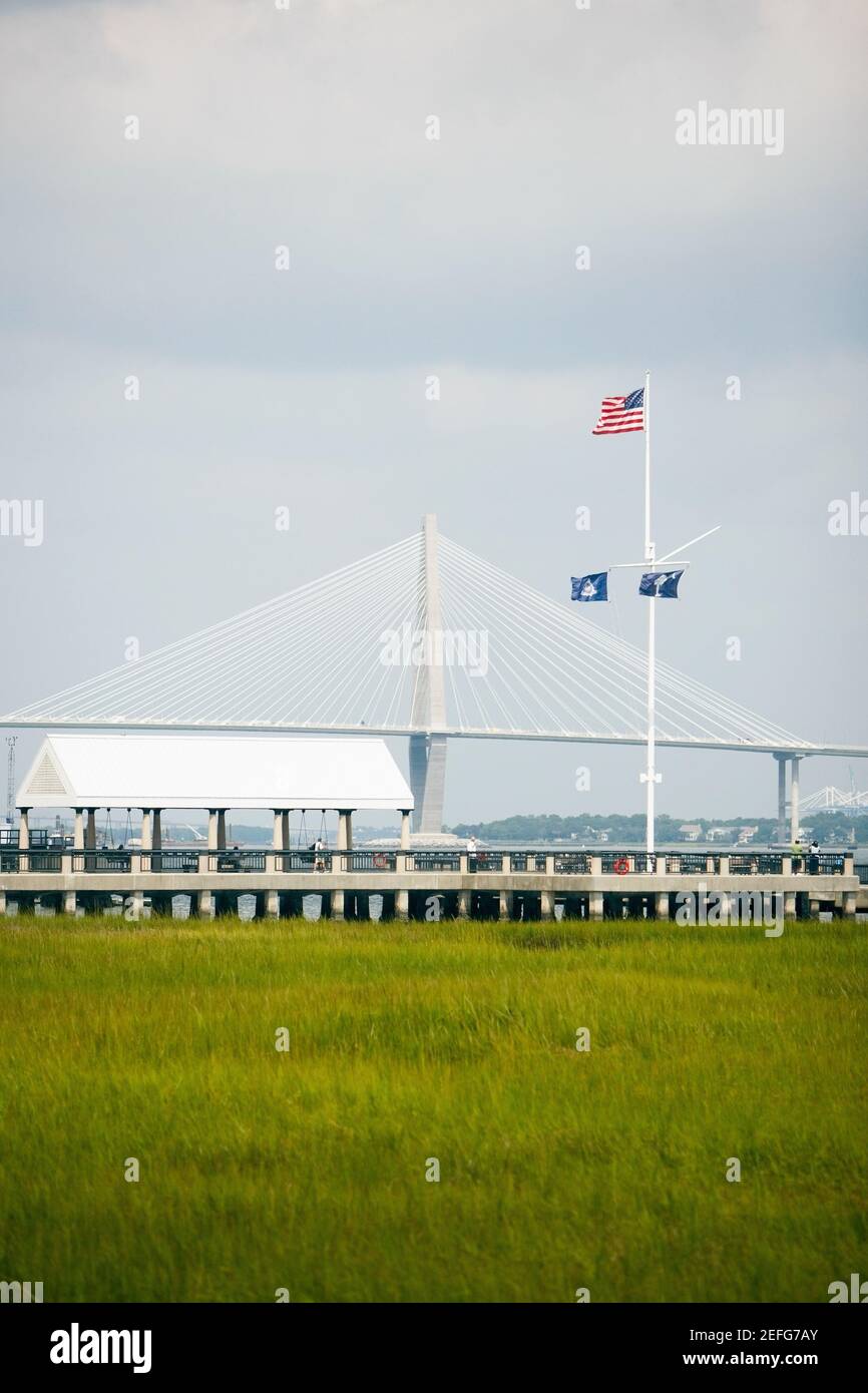 Park in front of a suspension bridge, Waterfront Park, Cooper River ...