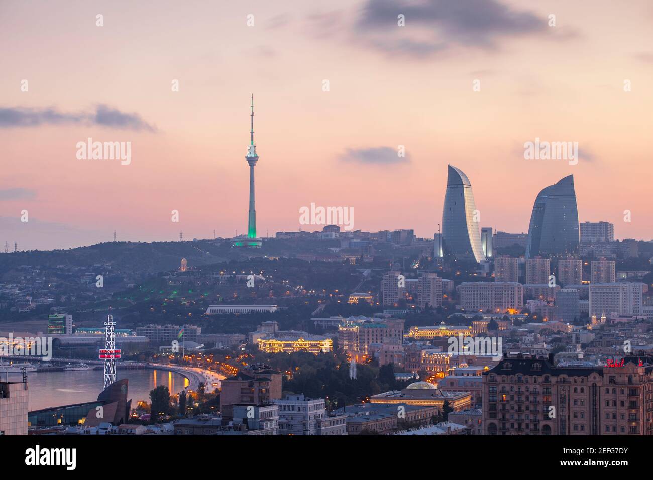 Azerbaijan, Baku, View of Baku looking towards Flame Towers and TV ...