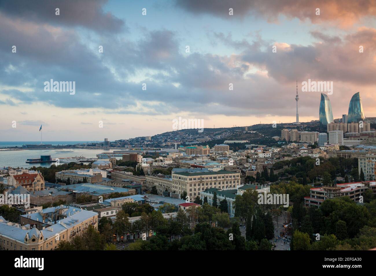 Azerbaijan, Baku, View of Baku looking over Fountain Square towards the ...