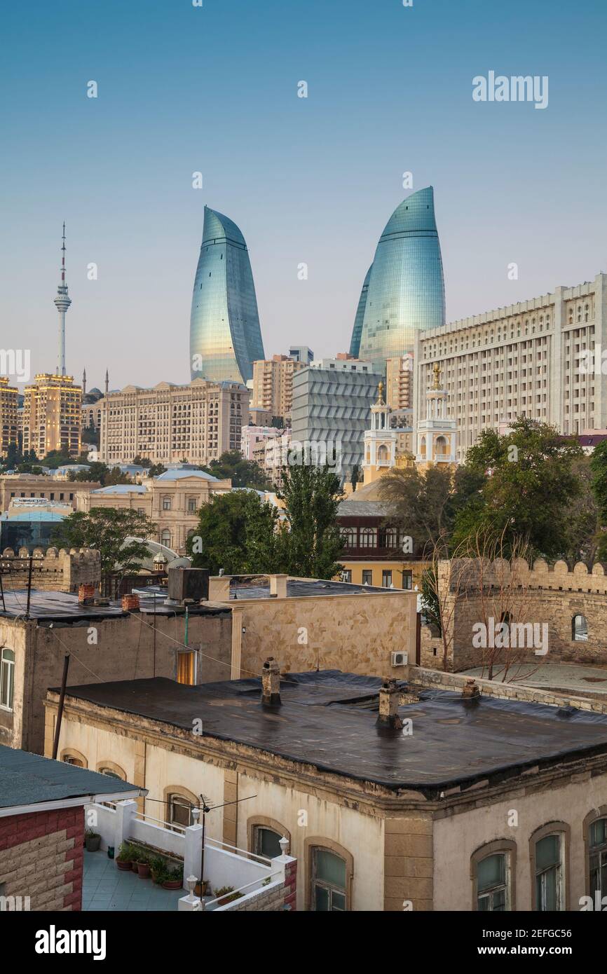 Azerbaijan, Baku, View looking over rooftops and walls of the old town ...