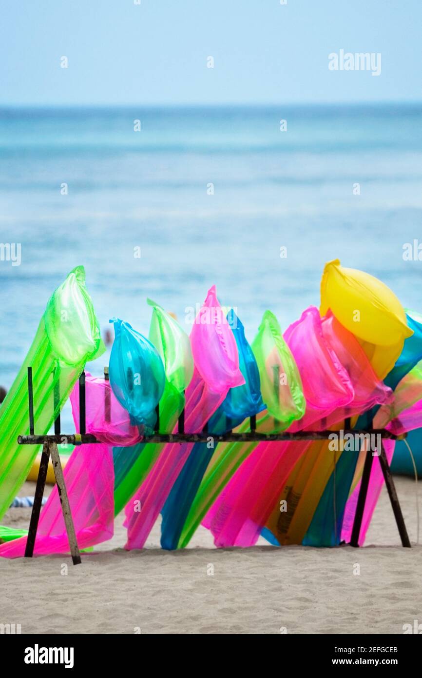 Inflatable rafts on the beach, Waikiki Beach, Honolulu, Oahu, Hawaii ...