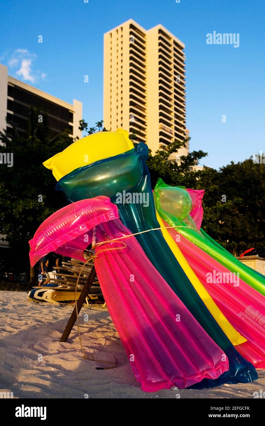 Pool rafts on the beach, Waikiki Beach, Honolulu, Oahu, Hawaii Islands ...