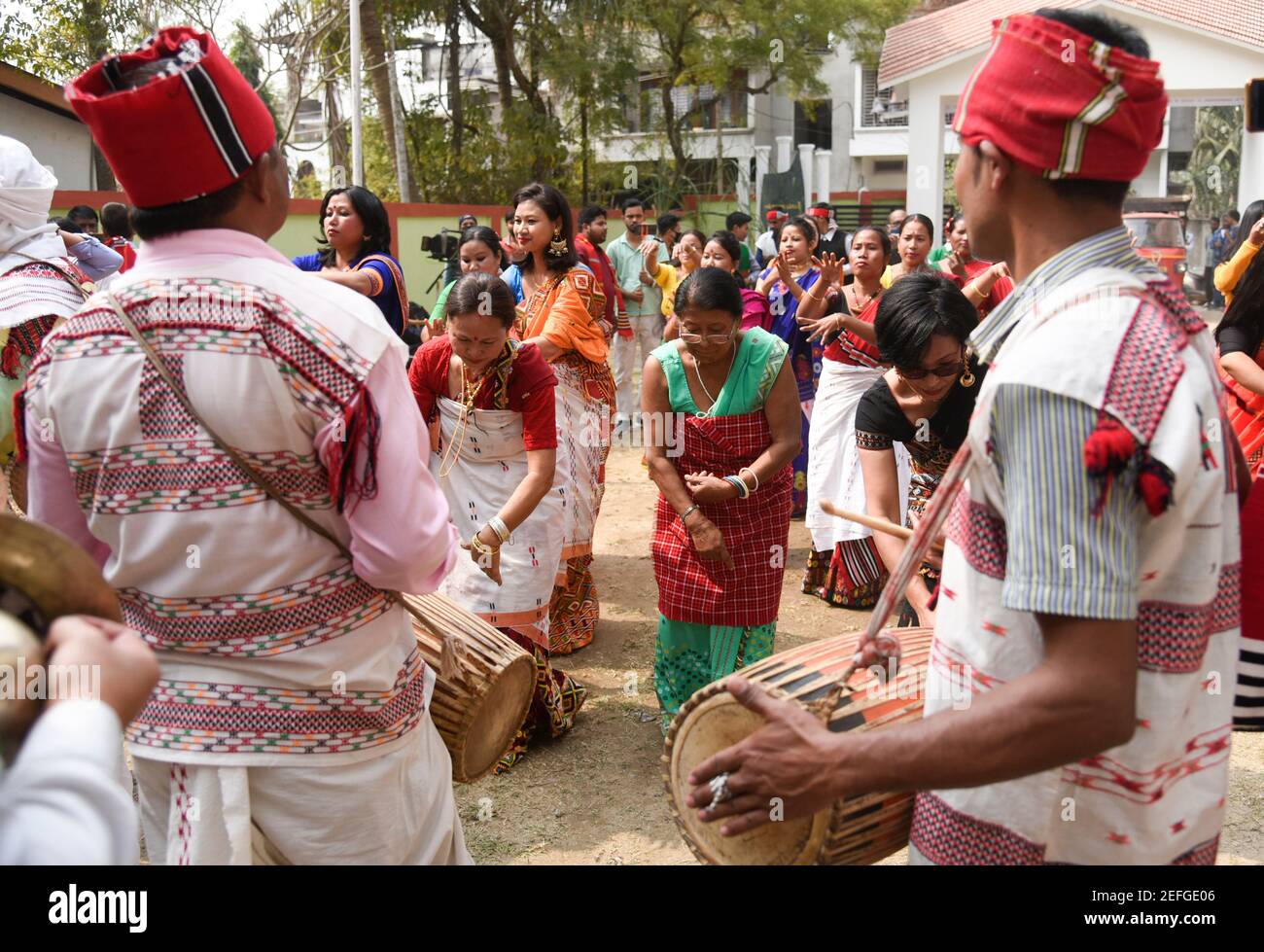 Guwahati, Assam, India. 17th Feb, 2021. Mising tribal people performing traditional dance during ...