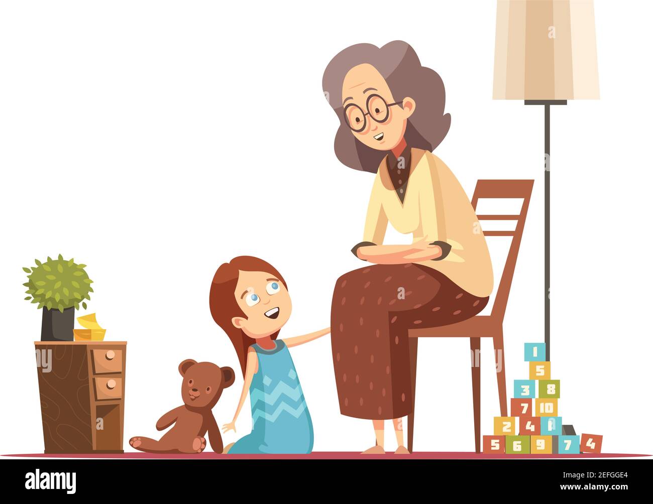 Grandmother home talking to little granddaughter with teddybear senior ...