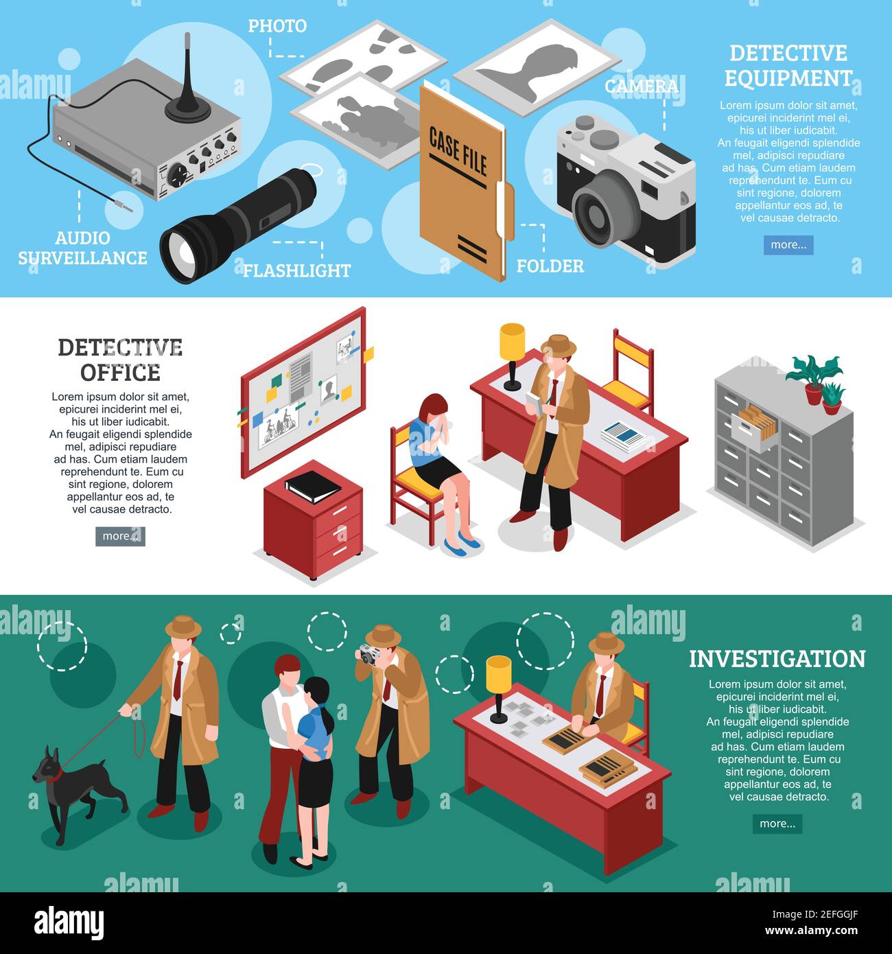 Detective horizontal banners set with isometric office furniture spying ...
