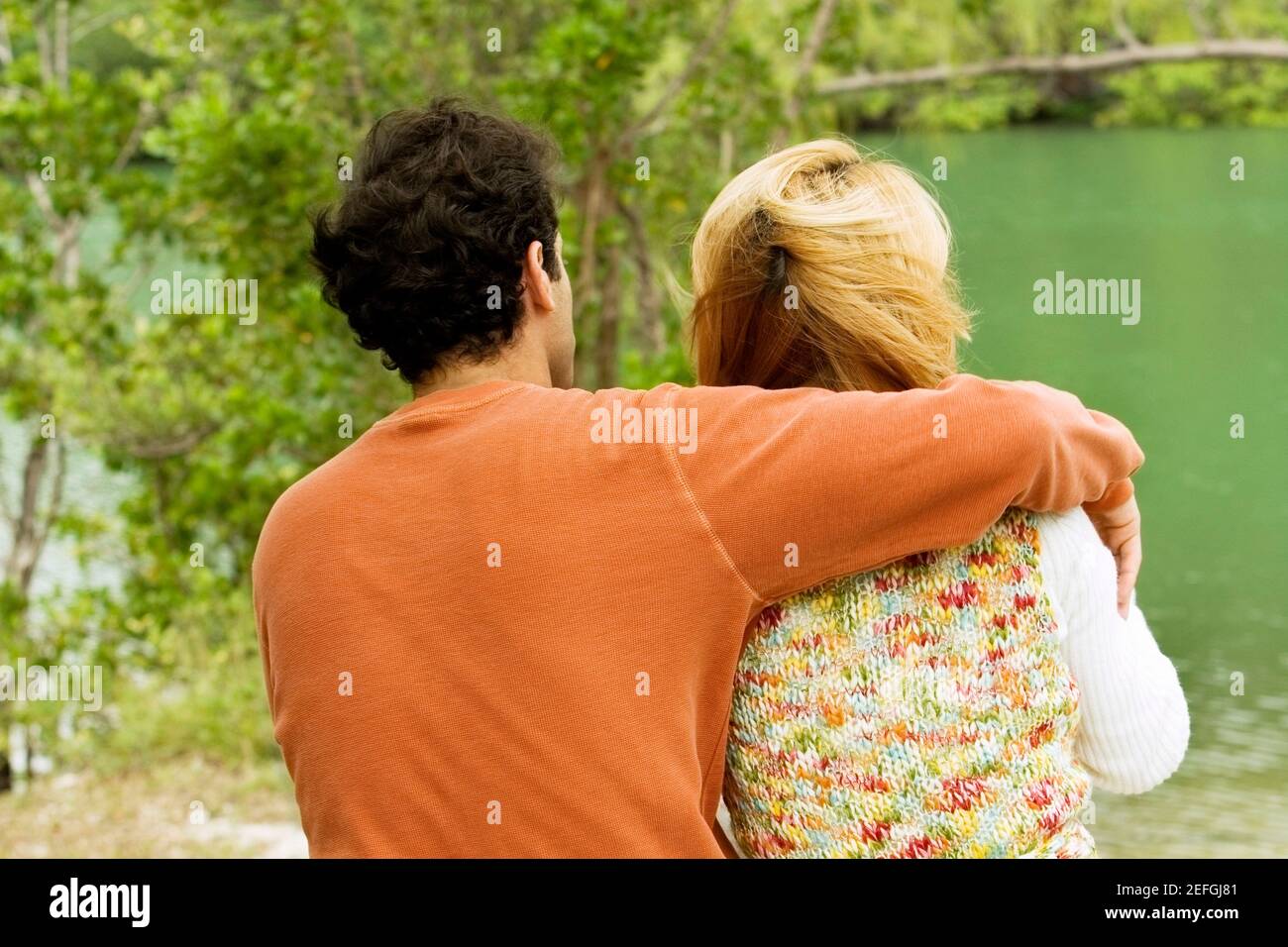 Rear view of a mid adult man sitting with his arm around a young woman ...