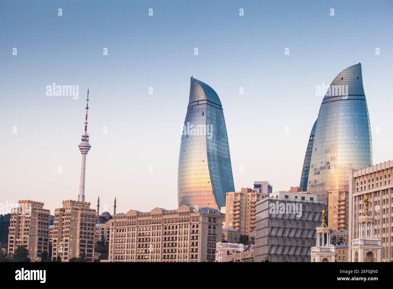 Azerbaijan, Baku, View of Flame Towers and TV Tower at dawn Stock Photo ...