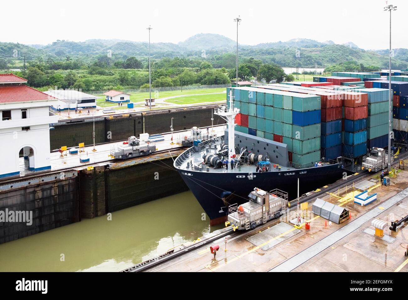 Cargo containers in a container ship at a commercial dock, Panama Canal ...