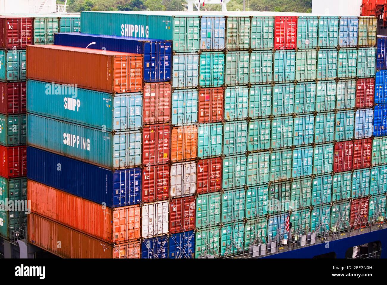 Cargo containers stacked at a commercial dock, Panama Canal, Panama ...