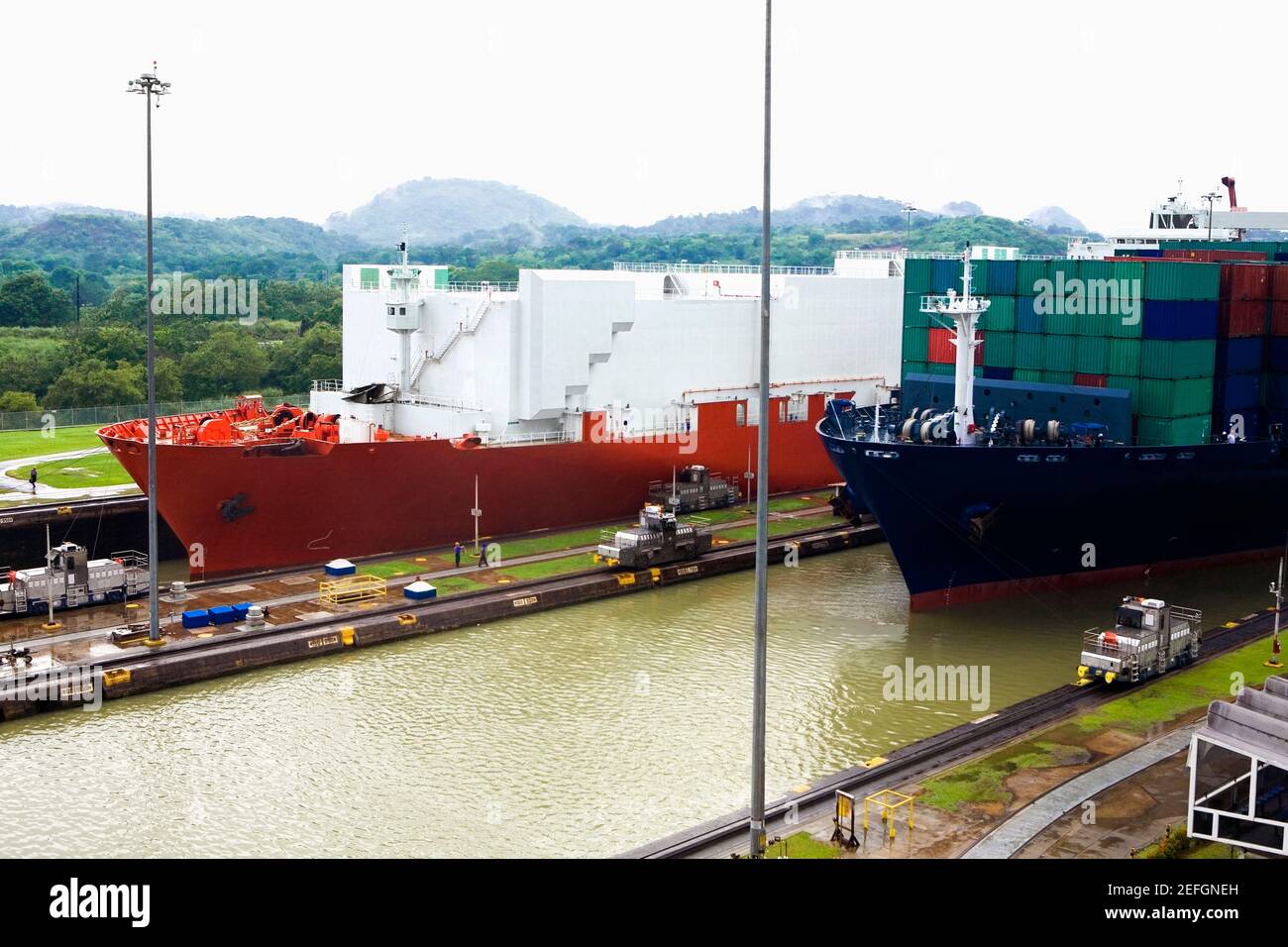 Container ships at a commercial dock, Panama Canal, Panama Stock Photo ...