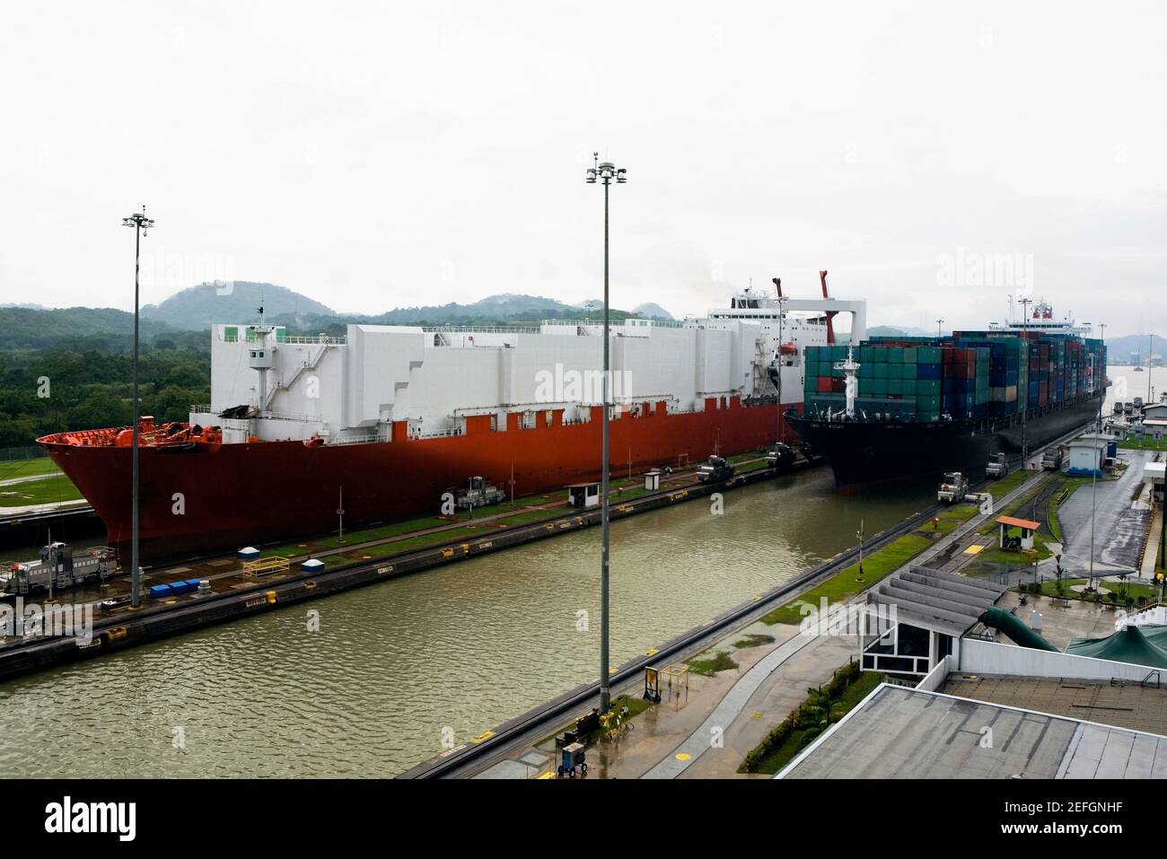 Container ship and cargo containers at a commercial dock, Panama Canal ...