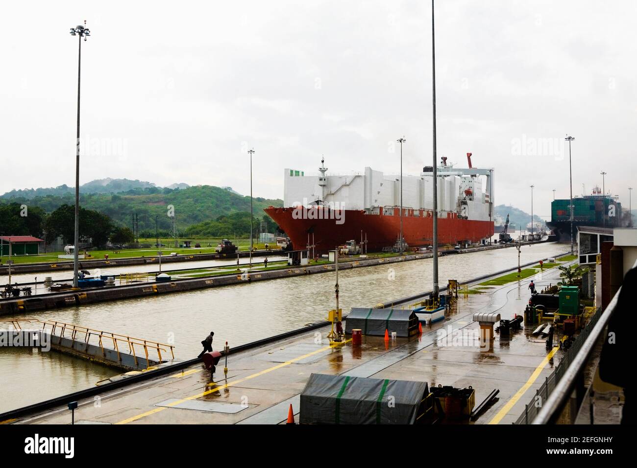 Container ship at a commercial dock, Panama Canal, Panama Stock Photo ...