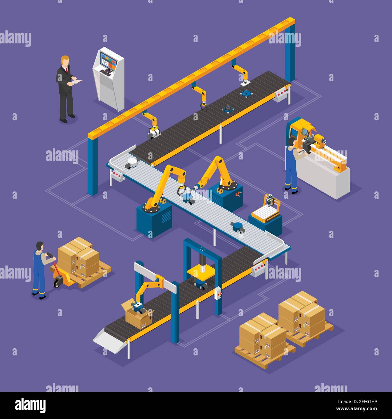Factory composition with conveyor line on green background isometric ...