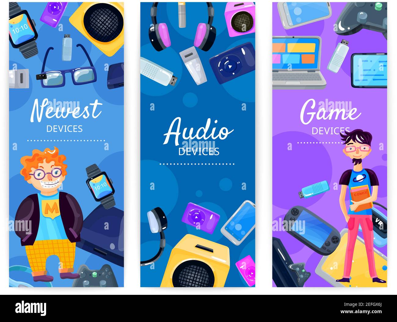 Character geek nerd vertical banners set with cartoon style male human ...