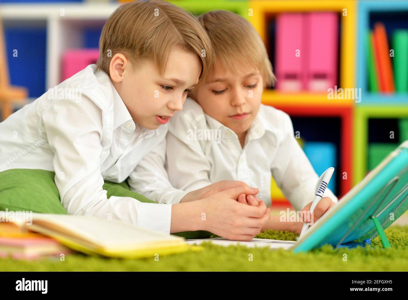 Portrait of a cute two boys doing homework Stock Photo - Alamy