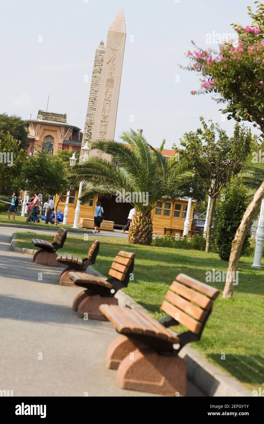 Empty benches in a row, Obelisk of Thutmosis III, Istanbul, Turkey ...