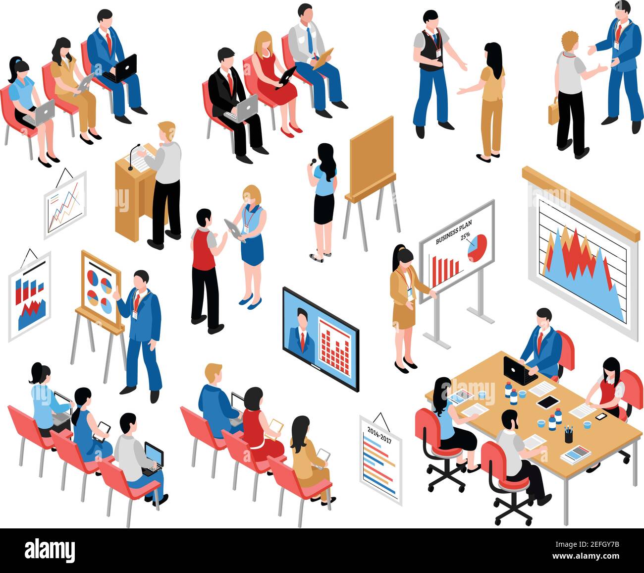Business education and coaching isometric icons set with coming to ...
