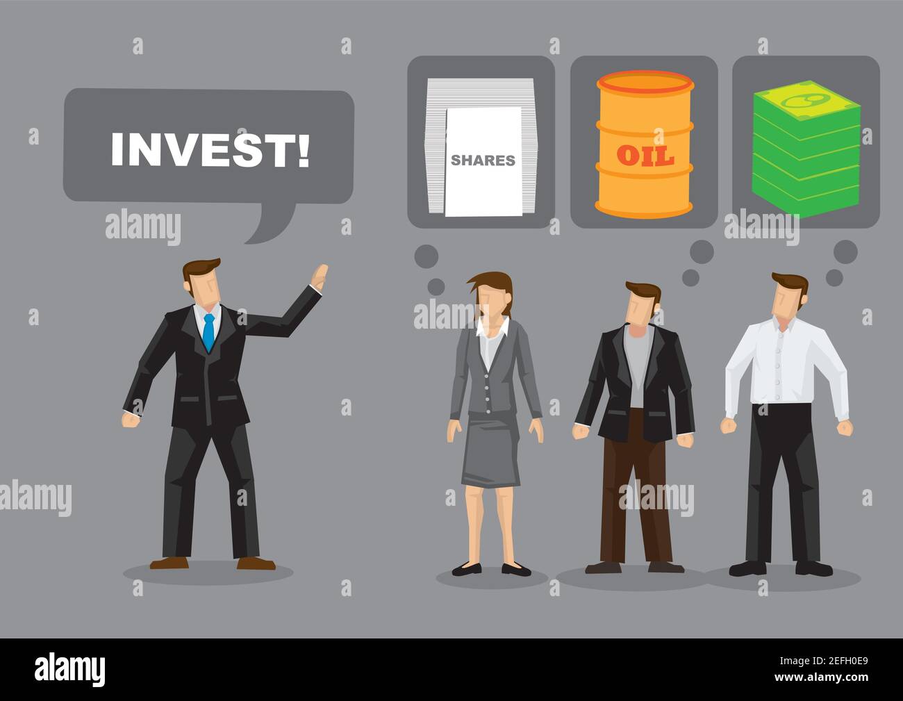 Cartoon businessman demand to invest and others are unsure what he is ...