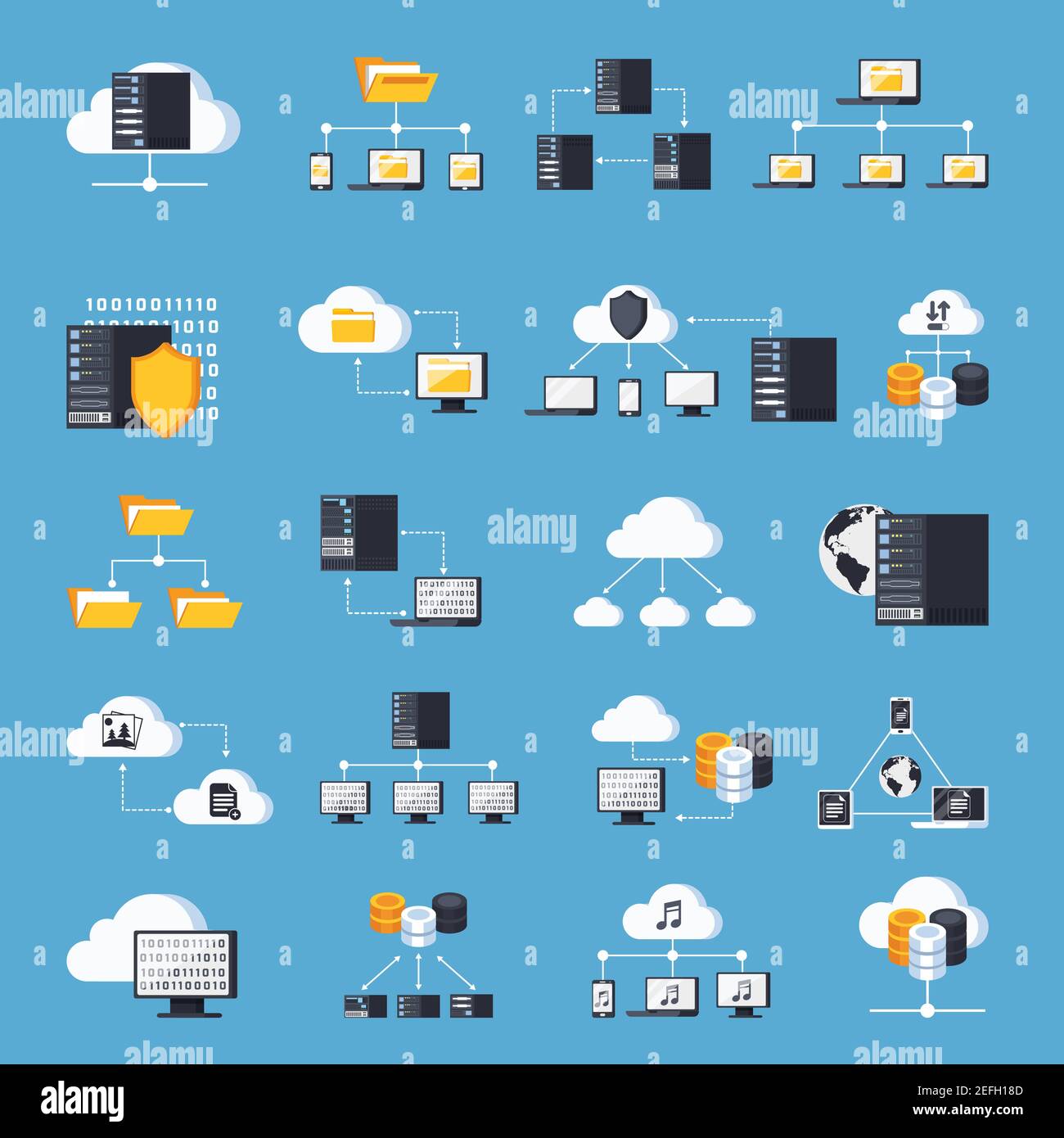 Hosting services icons set on blue background flat isolated vector ...